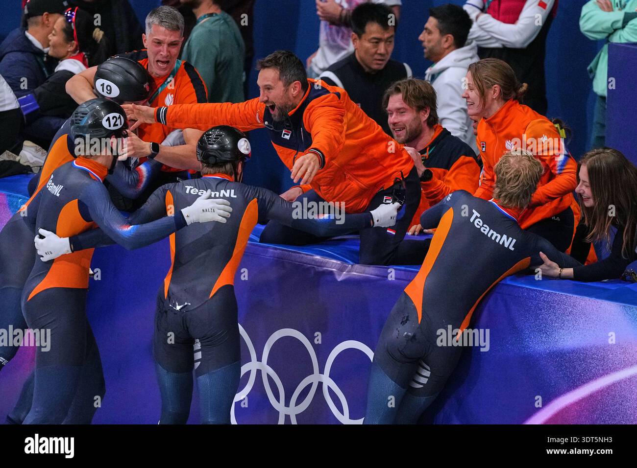 Team Netherlands celebrates after the short track speed skating men's ...