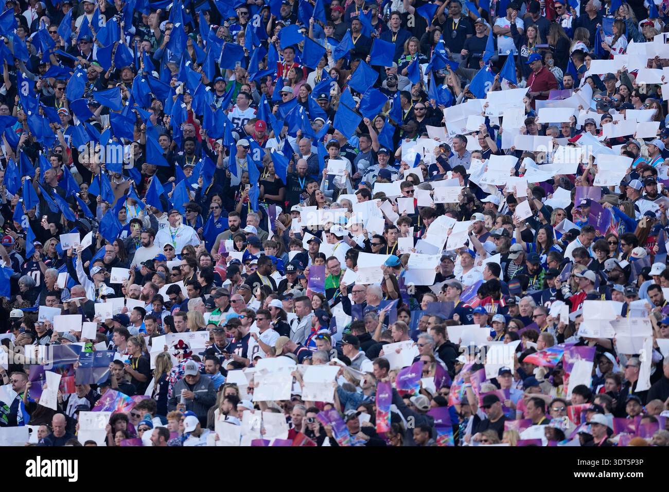 Spectators hold flags and banners during the NFL Super Bowl 60 football ...