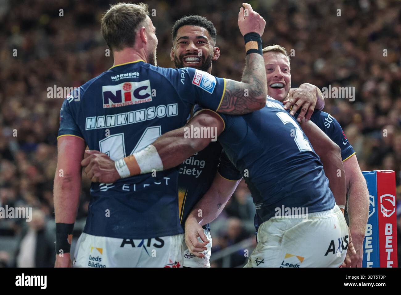 Maika Sivo of Leeds Rhinos celebrates his try on his home debut during ...