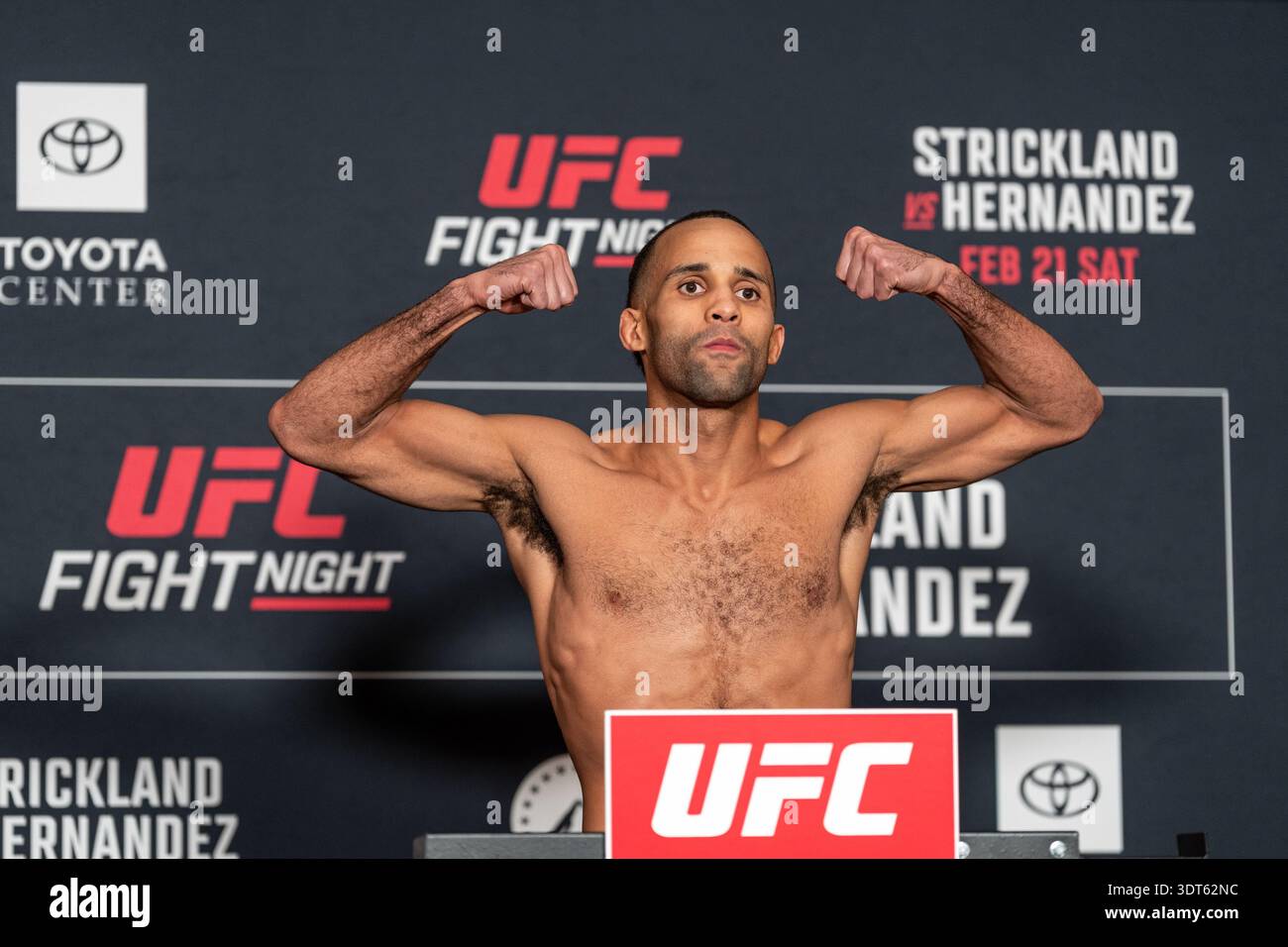 Fighter Jordan Leavitt steps on the scale for the official weigh-in at ...
