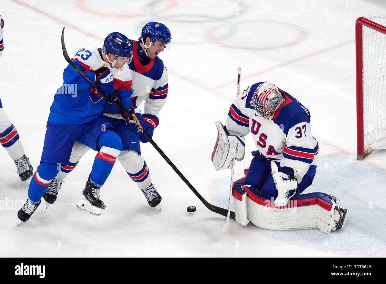 Slovakia's Adam Liska (23) battles with United States' Brock Faber ...