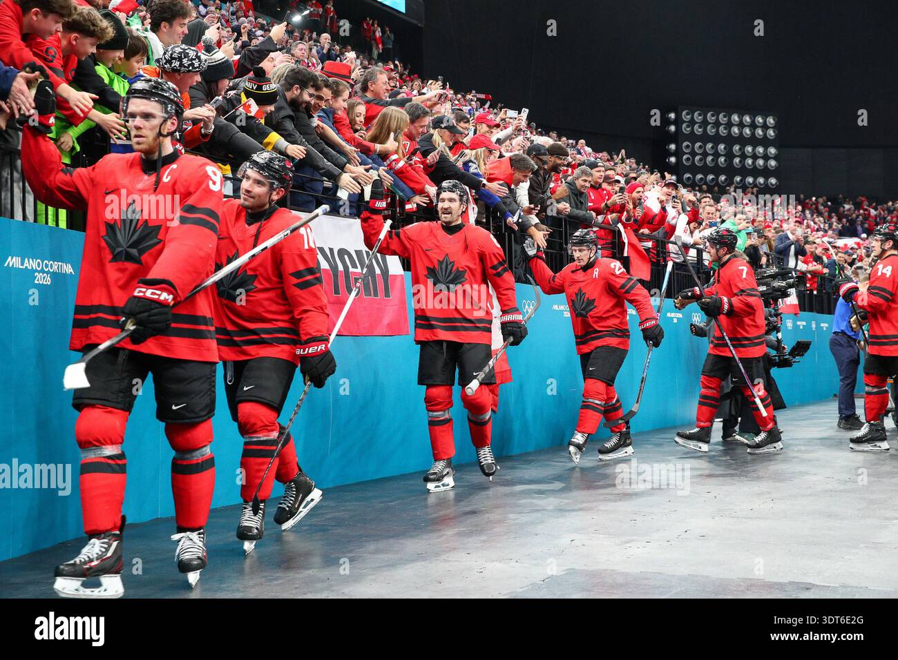 February 20, 2026: Connor McDavid (97) of Canada leads the team off of ...