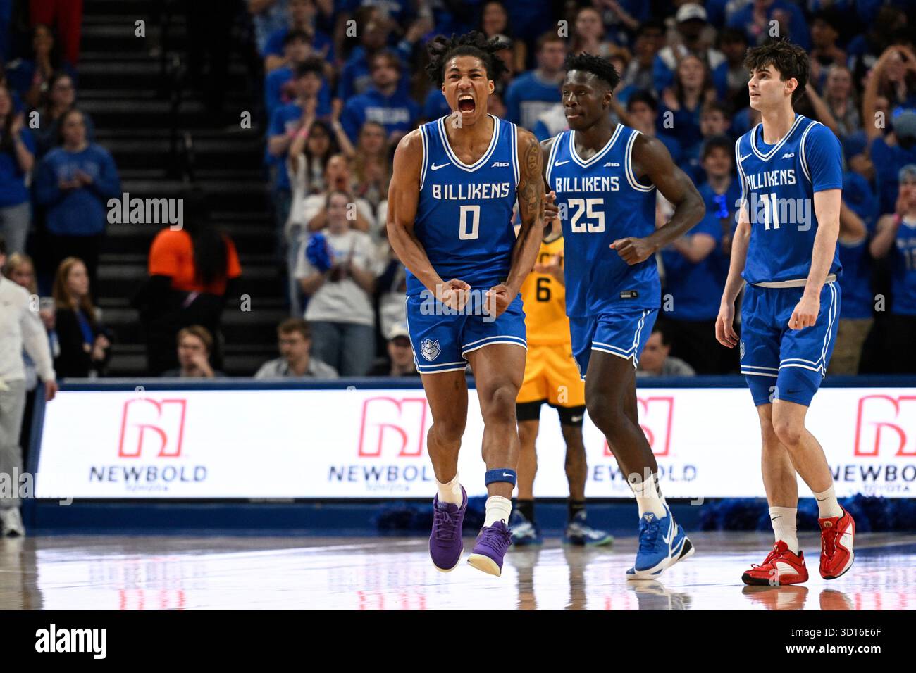 Saint Louis' Kellen Thames (0) reacts after scoring during the first ...