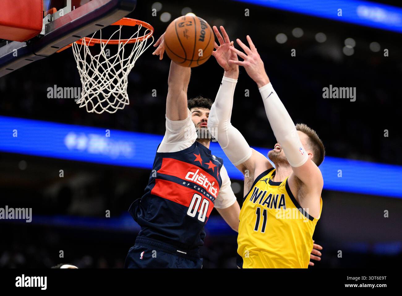 Washington Wizards forward Tristan Vukcevic (00) blocks Indiana Pacers ...