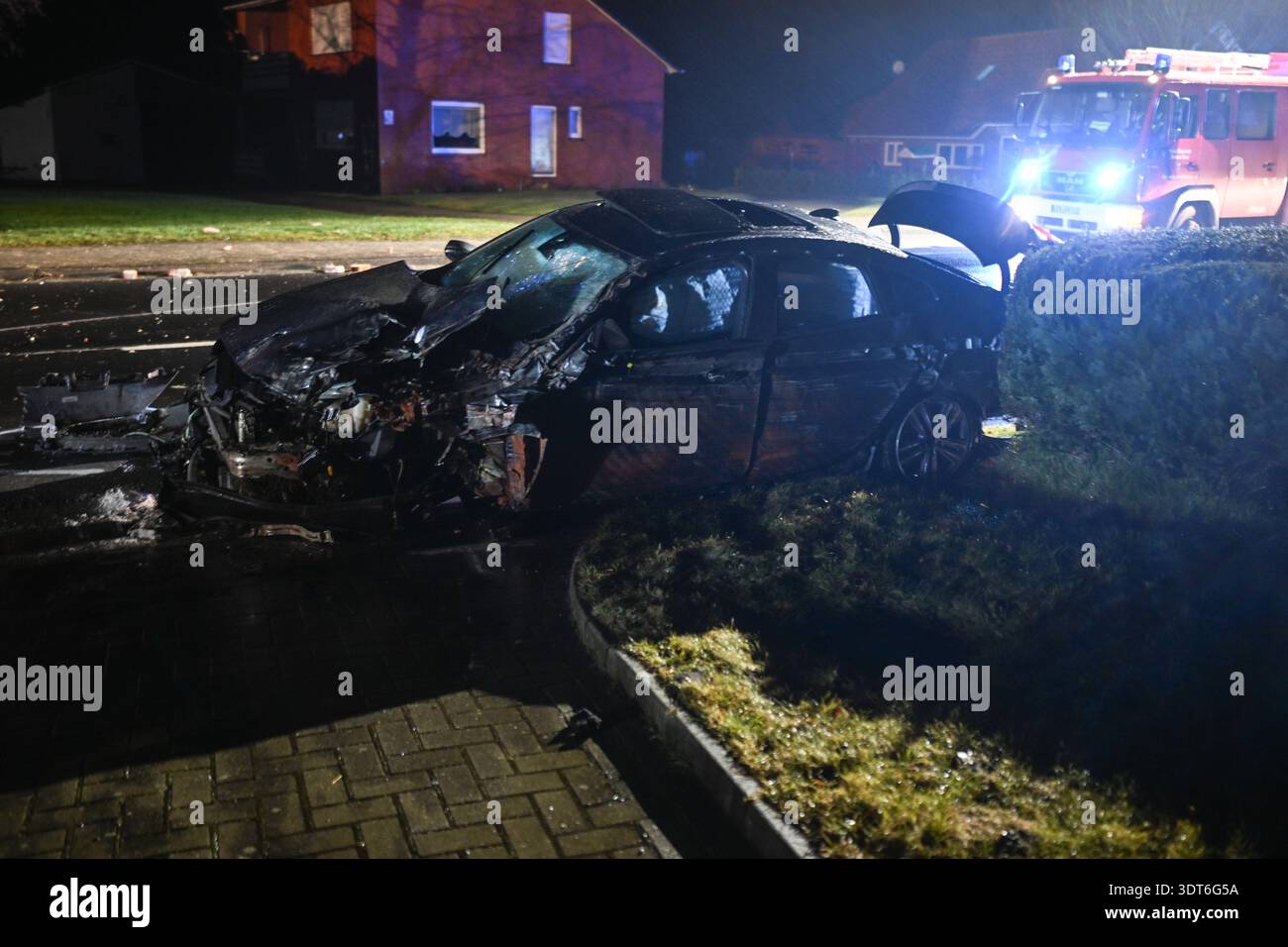 21 February 2026, Lower Saxony, Weener: A destroyed car is parked in a ...