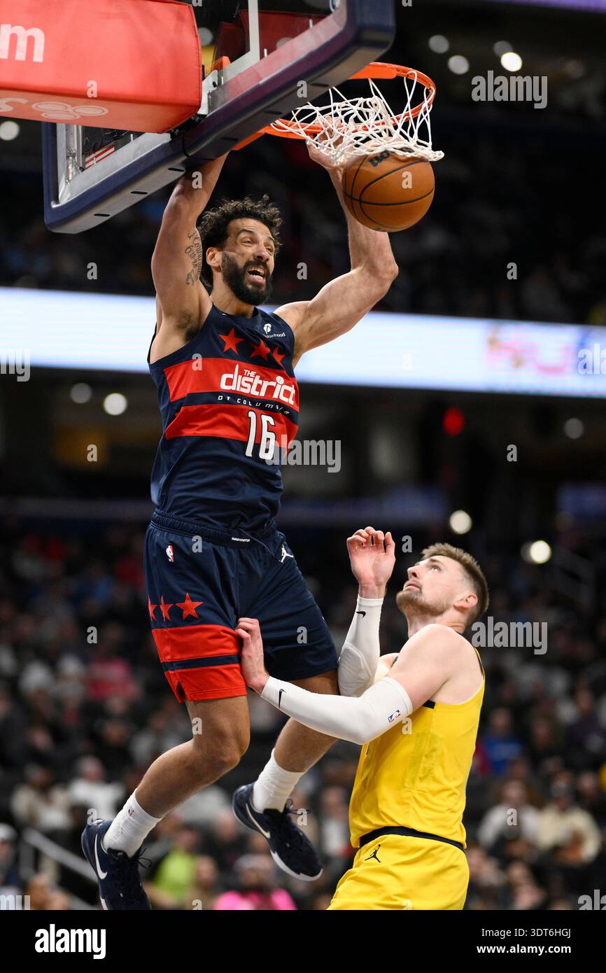 Washington Wizards forward Anthony Gill (16) dunks over Indiana Pacers ...