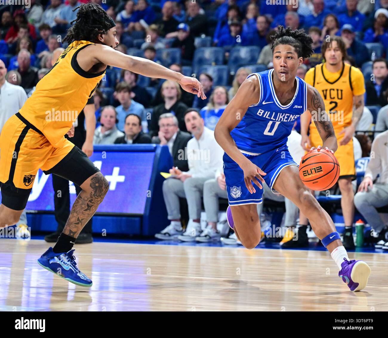 ST. LOUIS, MO - FEBRUARY 20: Saint Louis guard Kellen Thames (0) drives ...