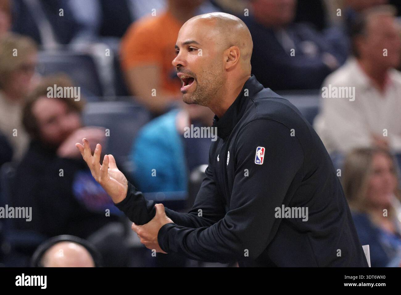 Brooklyn Nets head coach Jordi Fernandez questions a call during the ...