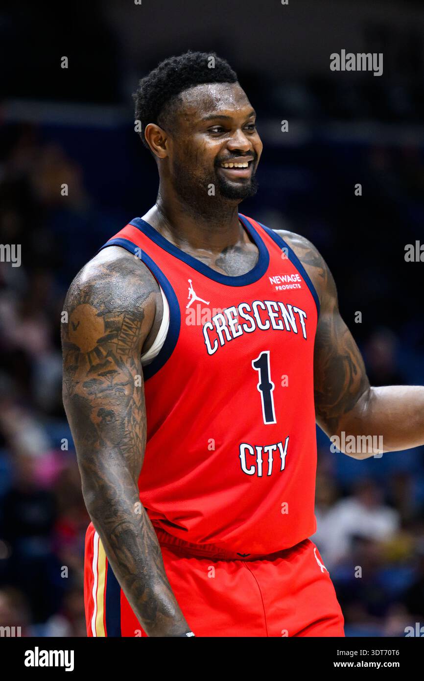 New Orleans Pelicans forward Zion Williamson (1) smiling in the second ...