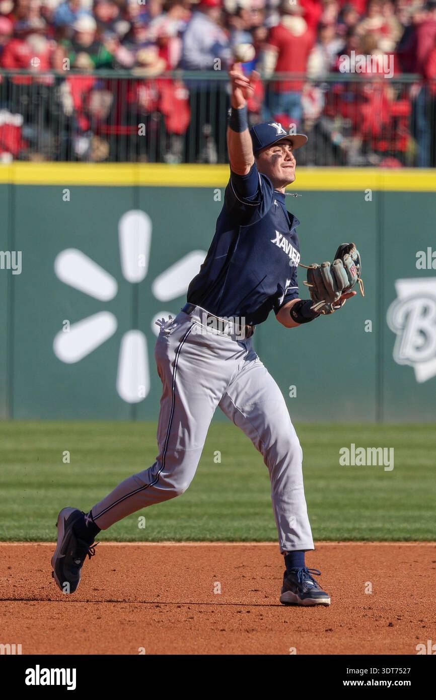 February 20, 2026: Xavier infielder Luke Hammond (3) releases the ball ...