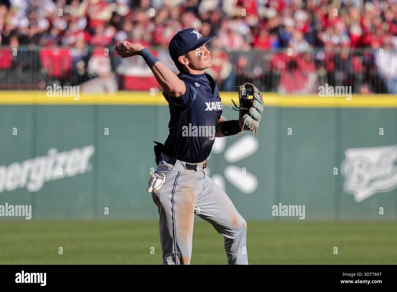 February 20, 2026: Luke Hammond (3) Xavier infielder prepares to make a ...