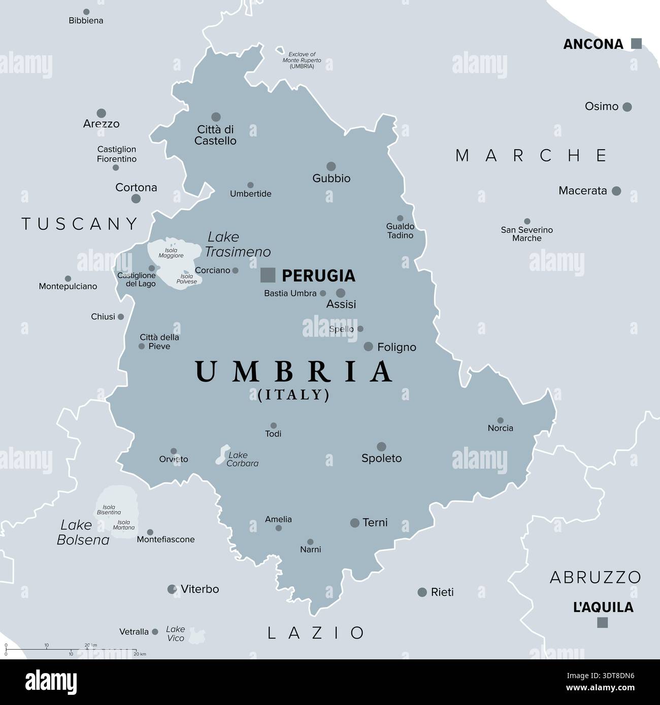 Umbria, a region of central Italy, gray political map, with capital ...