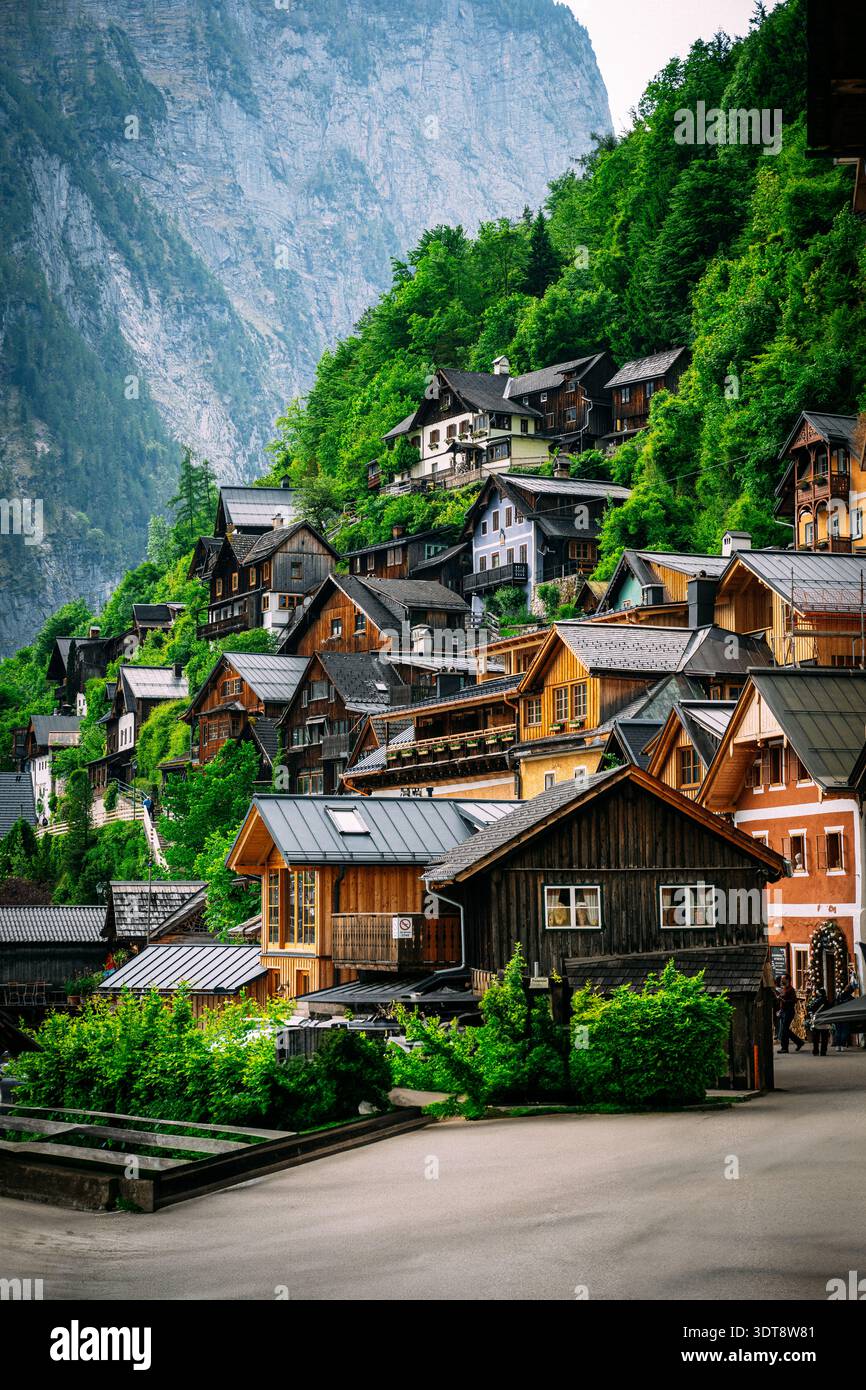 Charming village nestled on a steep green mountainside with traditional ...