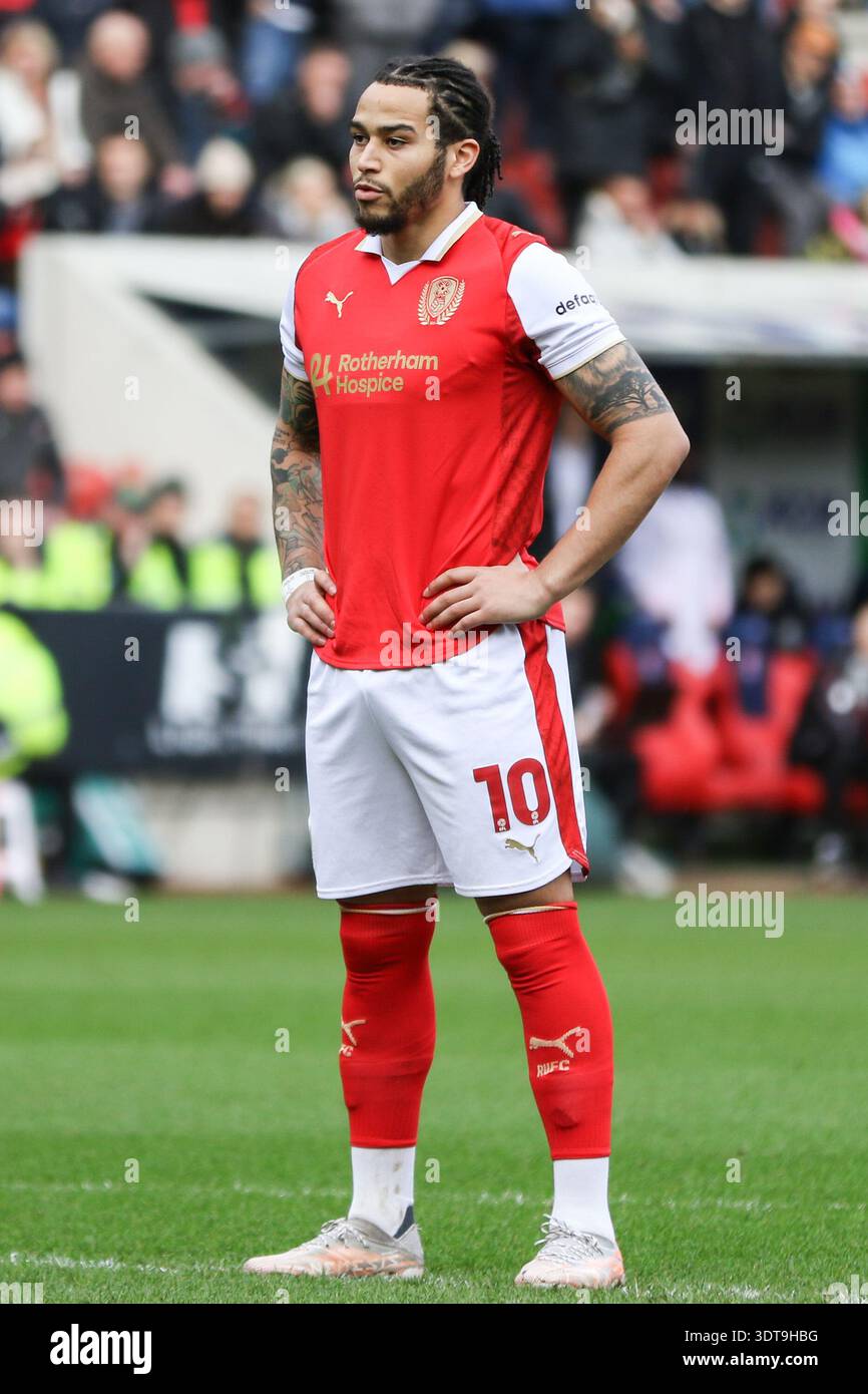 Rotherham, UK. 21st Feb, 2026. Sam Nombe (10 Rotherham United) before ...