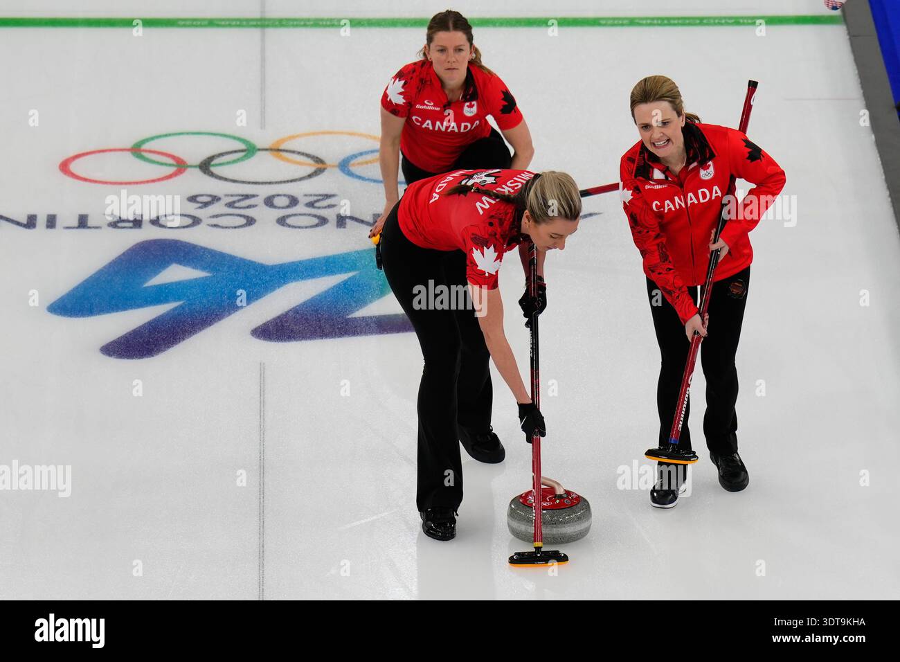 Canada's Sarah Wilkes, Emma Miskew and Tracy Fleury compete during a ...