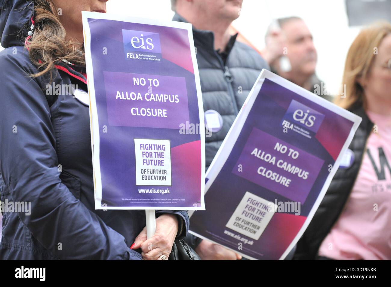 ALLOA, SCOTLAND – February 21st, 2026: Protesters seen holding placards ...