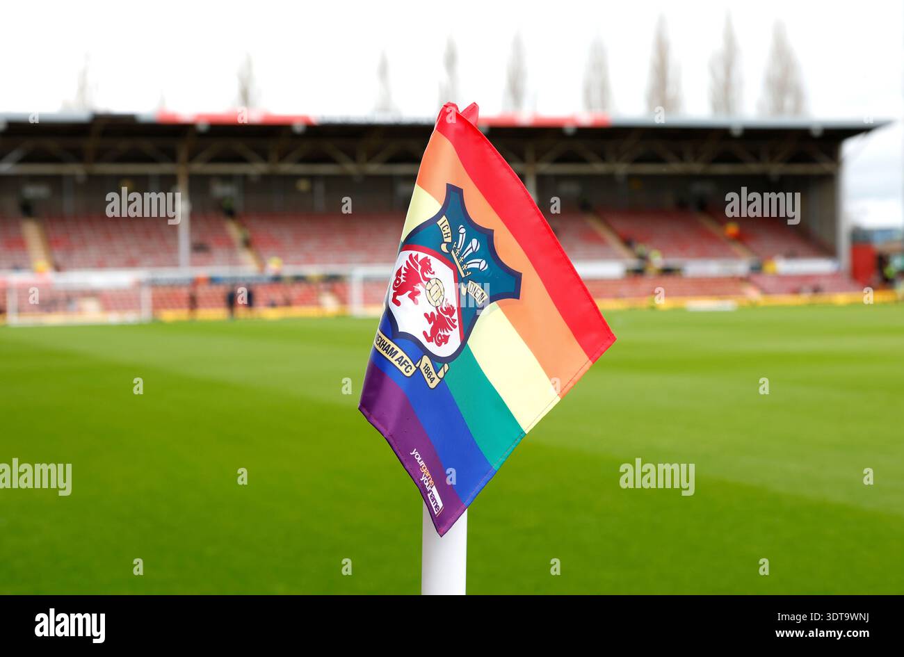 A general view of a corner flag with the Wrexham badge on top of a ...