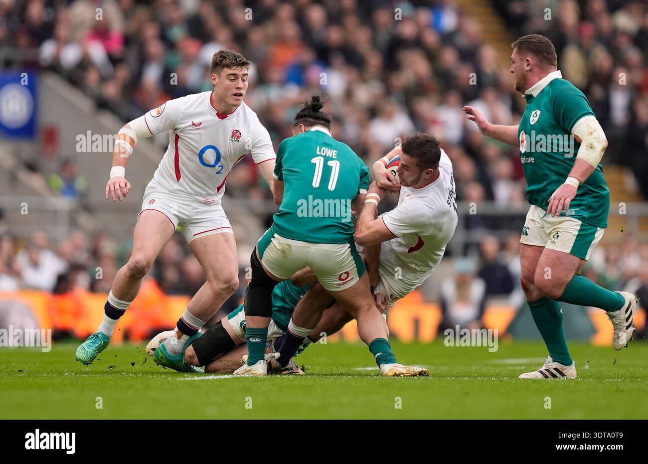 England's Freddie Steward tackled by Ireland's Garry Ringrose and James ...