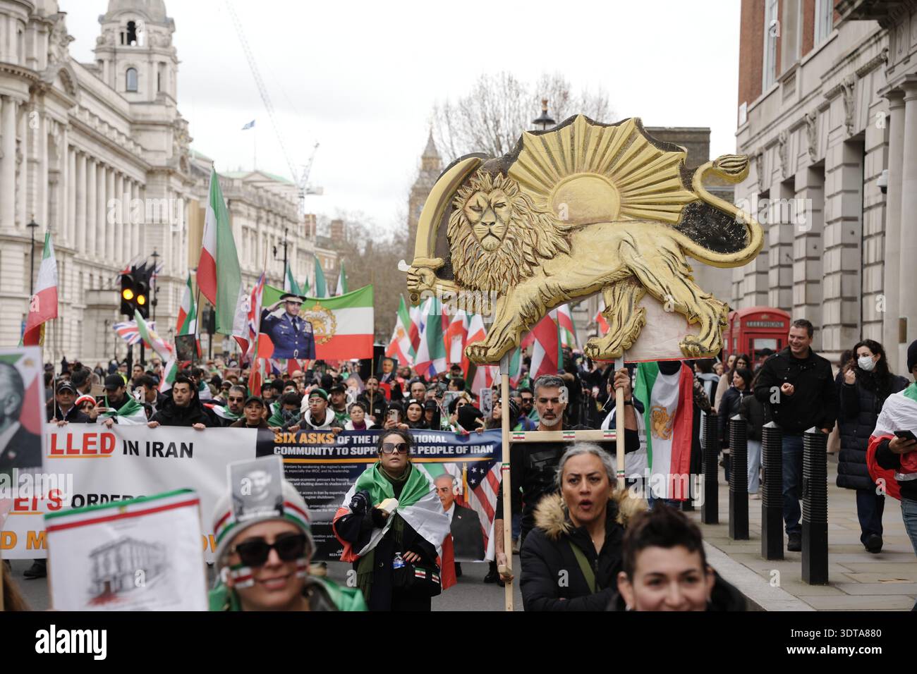 Demonstrators march from Whitehall to the Iranian Embassy in London ...