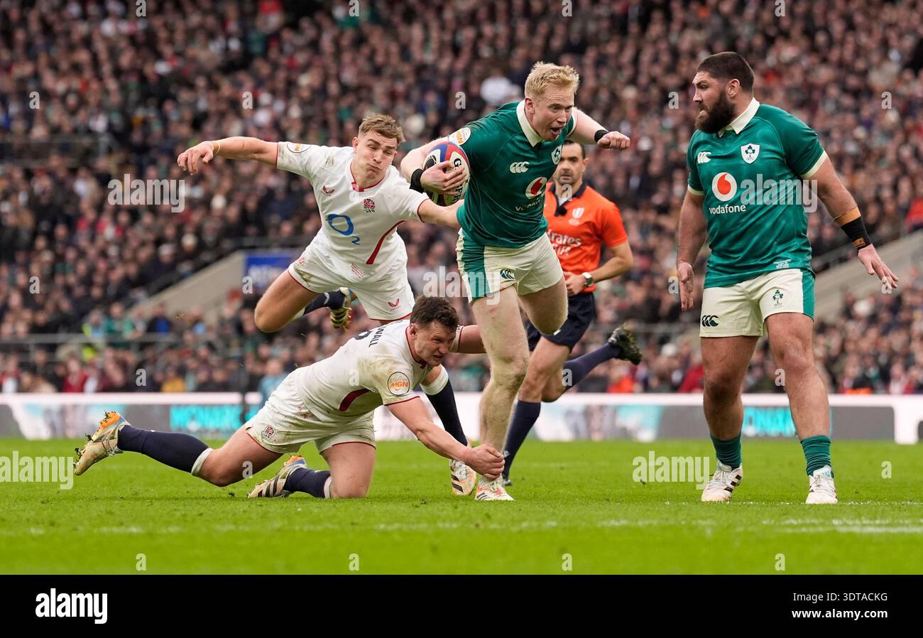 Ireland's Jamie Osborne on the way to scoring their side's fifth try ...