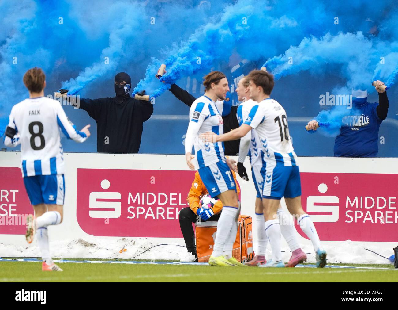 OB cheers at the score of 2 - 0 and OB support with Roman candles ...
