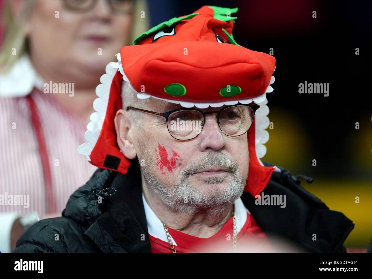 A Wales fan wearing a dragon hat in the stands ahead of the Guinness ...