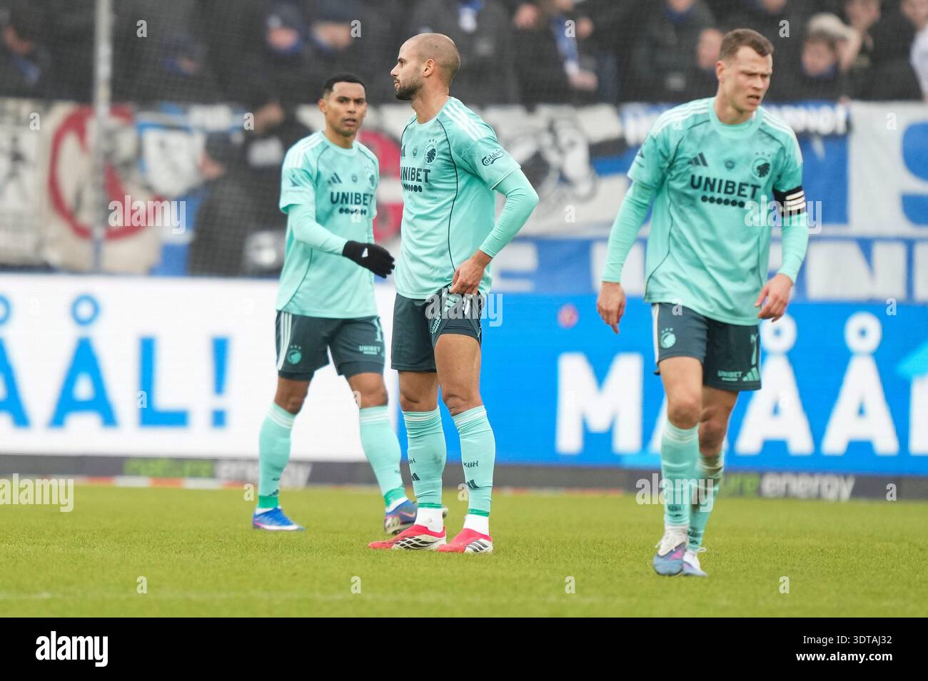 FCK players at OB's score to 1 - 0 during the Super League match ...
