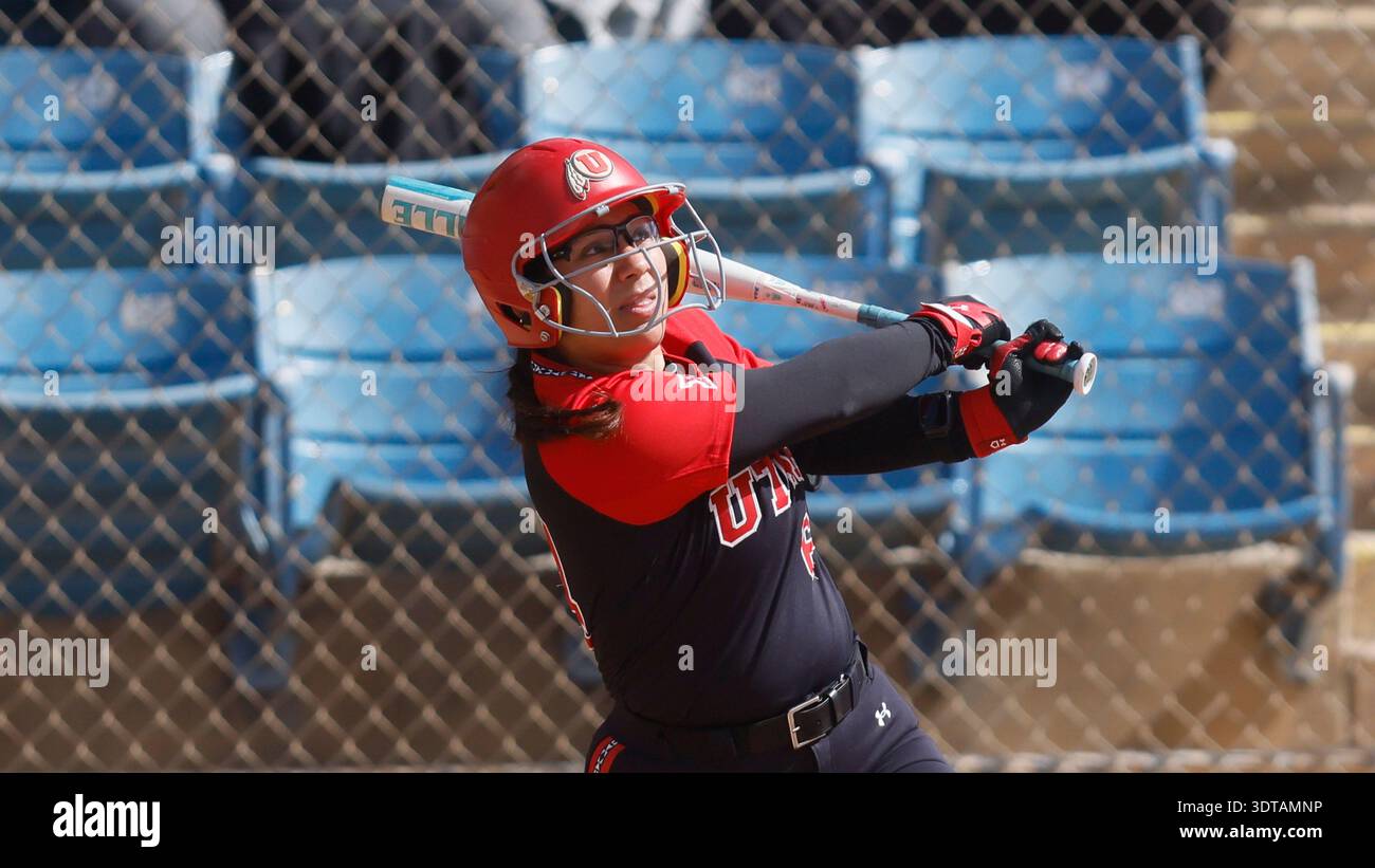 Utah third baseman Kayla Lyon (64) bats during an NCAA softball game ...