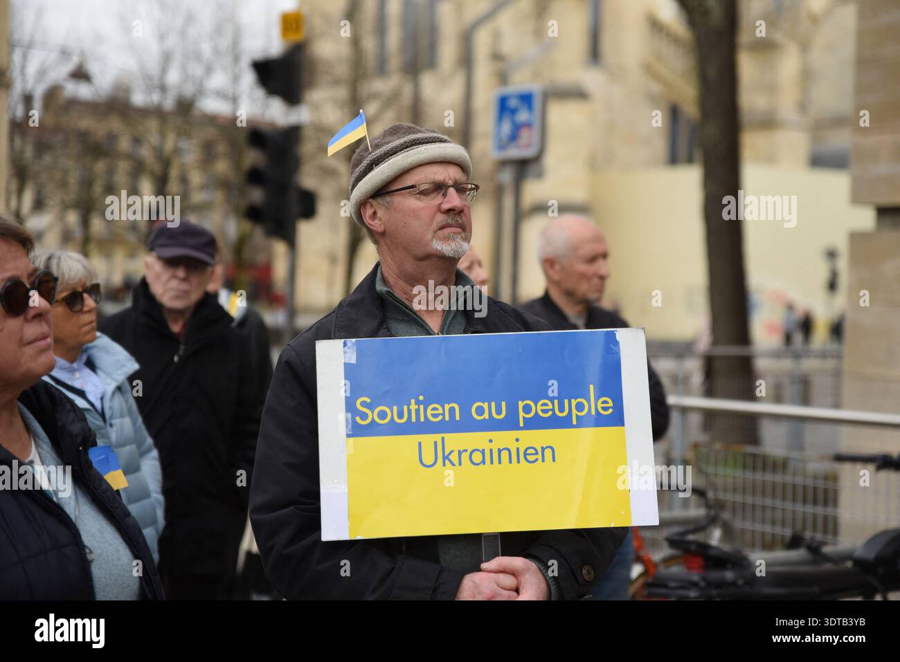Supporters Ukraine gather in Bordeaux, France, on February 21, 2026, to ...