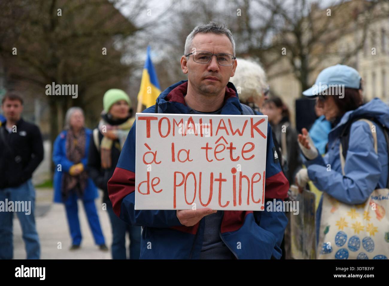 Supporters Ukraine gather in Bordeaux, France, on February 21, 2026, to ...