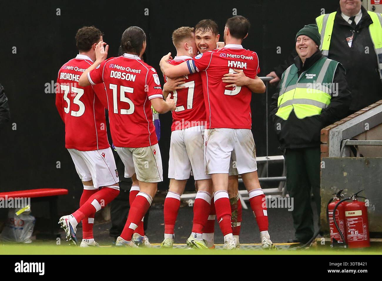 Callum Doyle of Wrexham (2nd from right) celebrates with his teammates ...