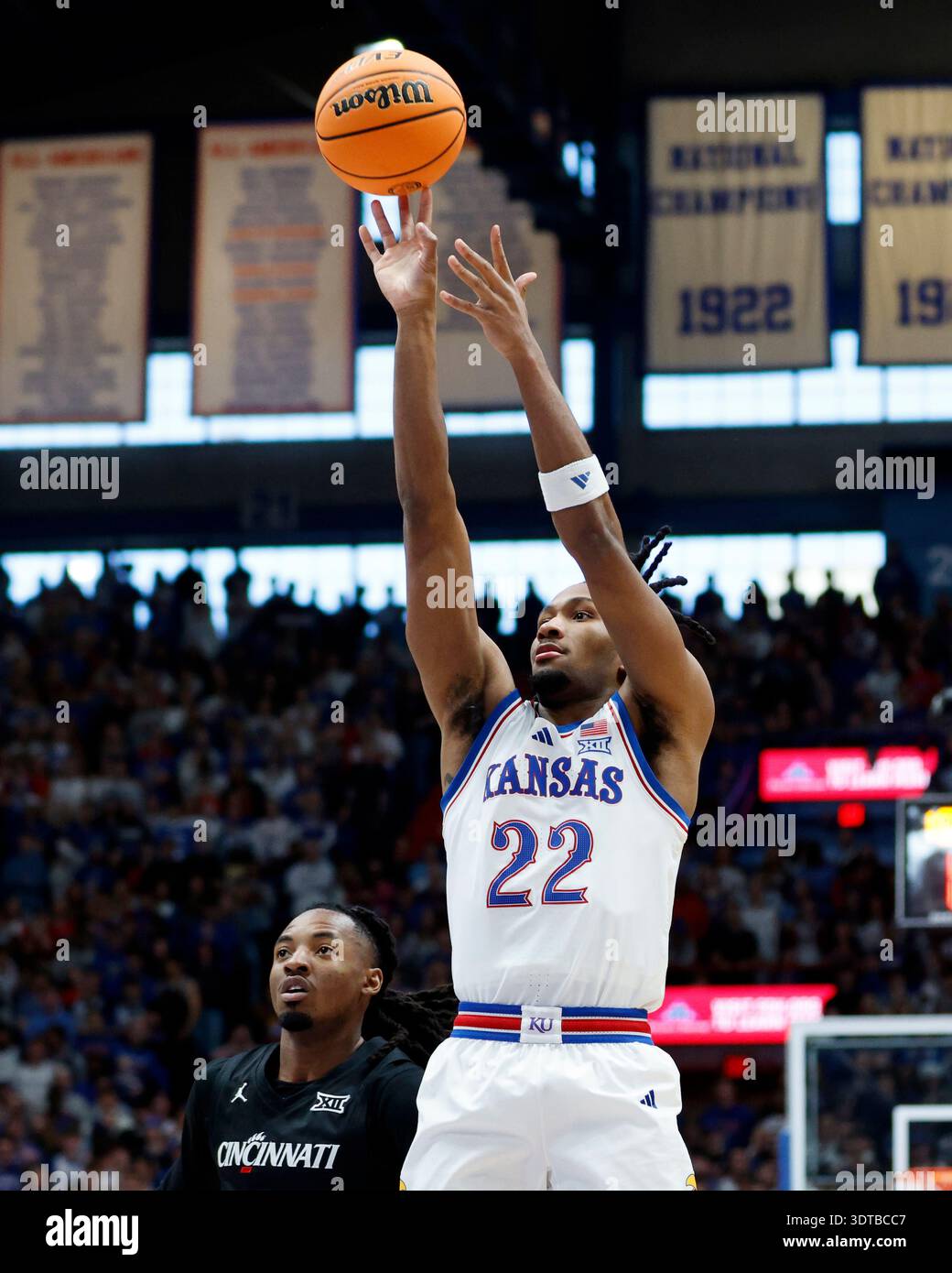 Kansas guard Darryn Peterson (22) attempts a 3-point basket as ...
