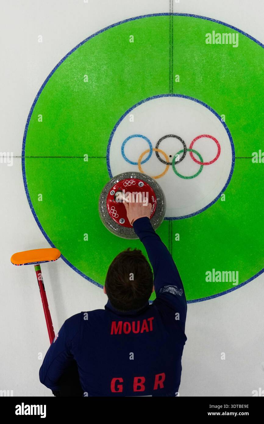 Britain's Bruce Mouat delivers the stone during the men's curling gold ...
