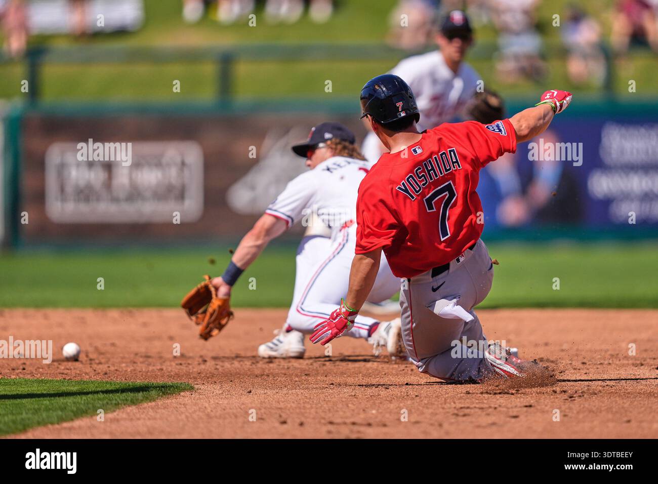 Boston Red Sox Masataka Yoshida (7) steals second base on Minnesota ...