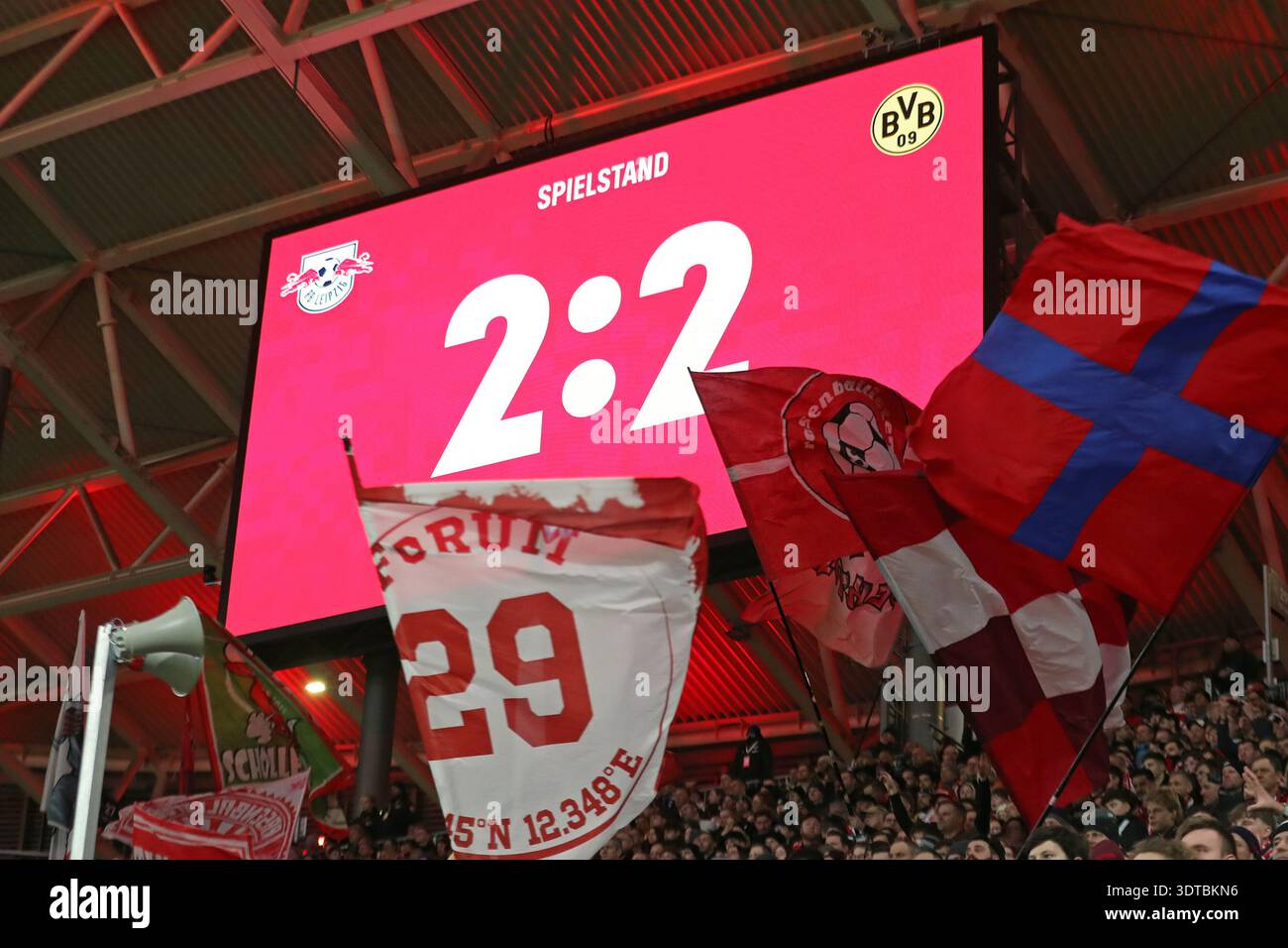 The final score of 2:2 draw on the scoreboard, video wall. LEIPZIG ...