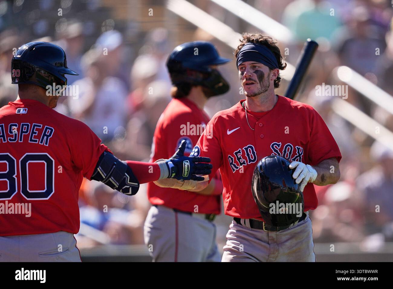 Boston Red Sox Braiden Ward is greeted after scoring in the seventh ...