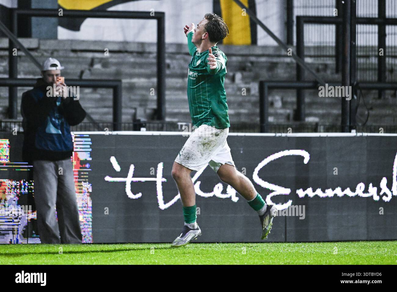 Lommel's Robin van Duiven celebrates after scoring during a soccer game ...