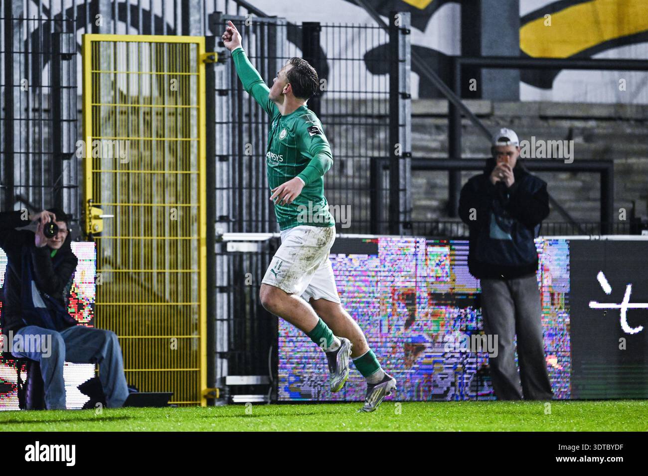 Lommel's Robin van Duiven celebrates after scoring during a soccer game ...