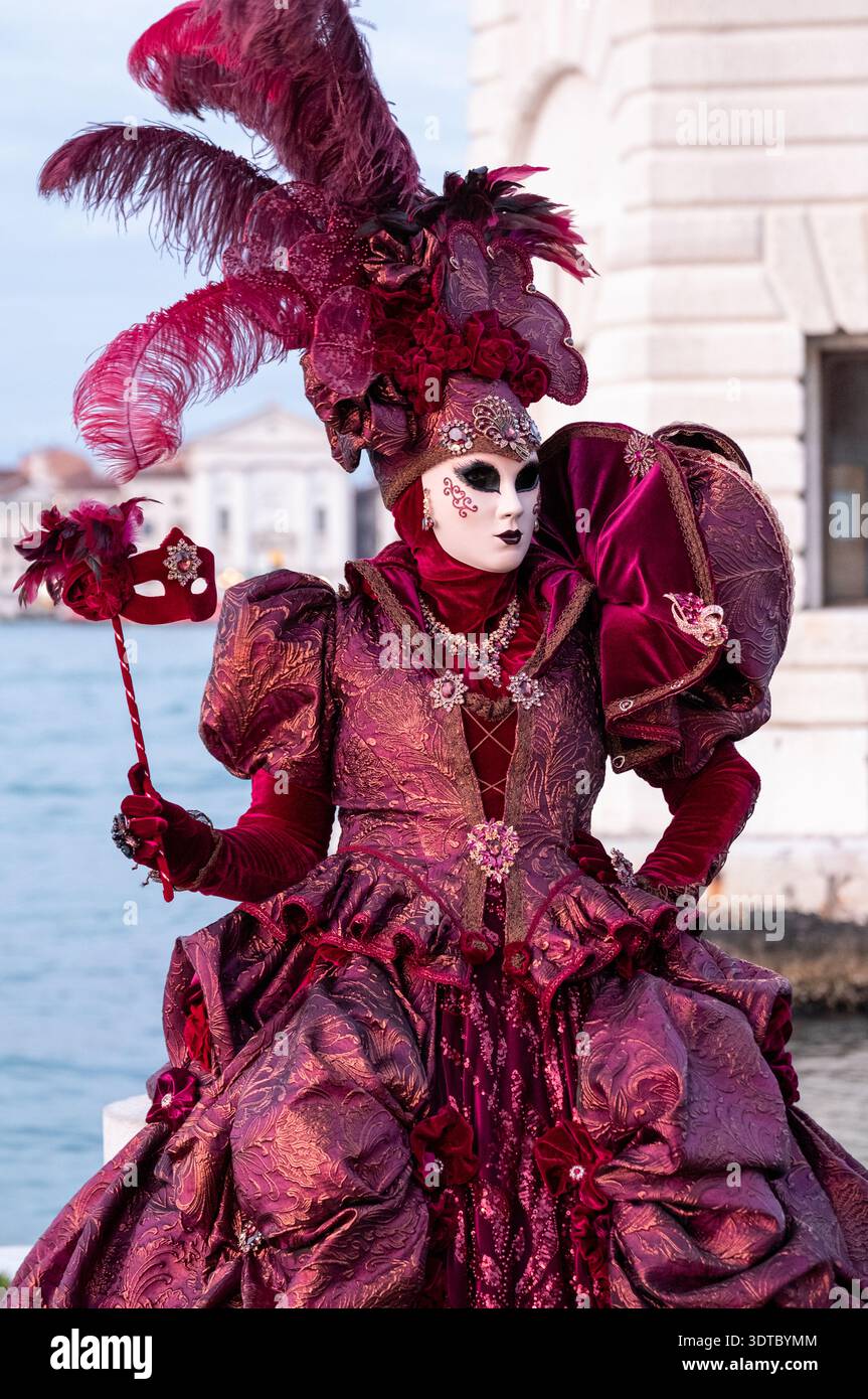 Photogenic masked woman in ornate costume poses for the camera during ...