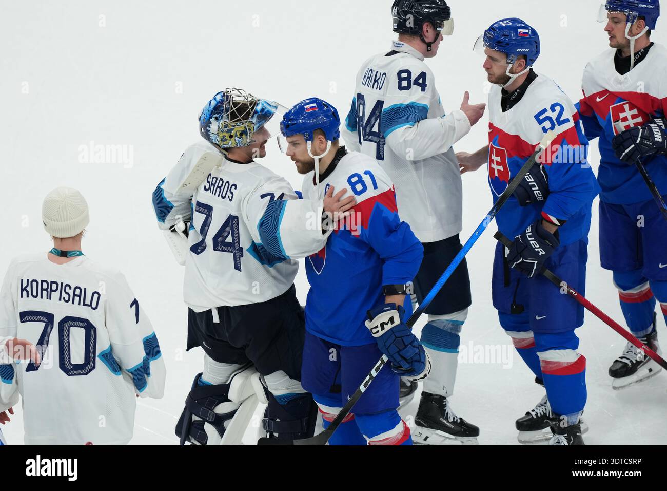 Finland goalkeeper Juuse Saros (74) is congratulated by Slovakia's Erik ...