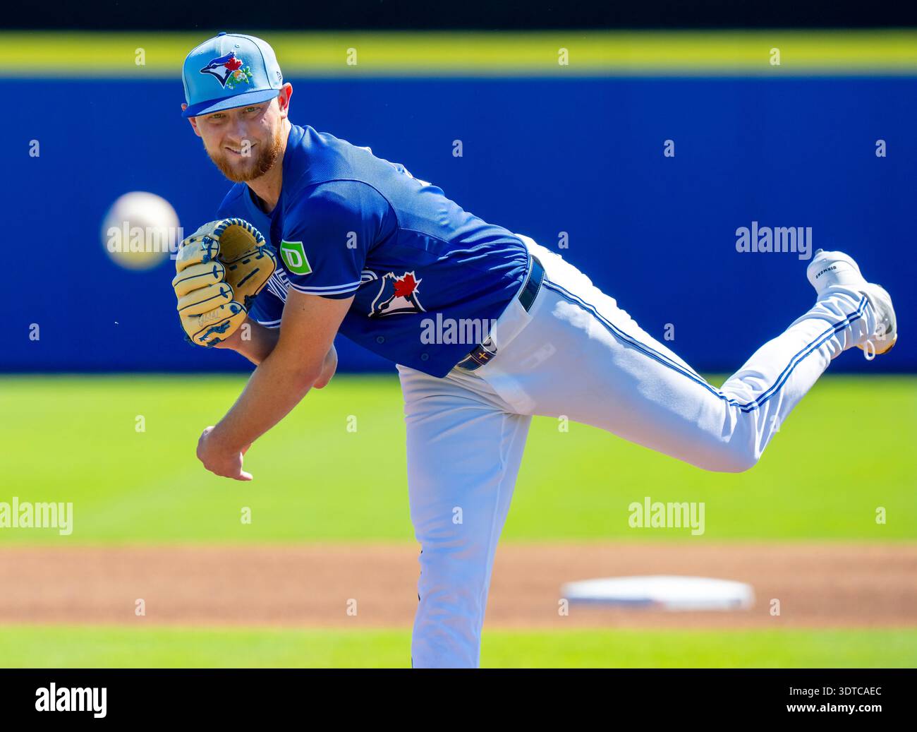 Toronto Blue Jays starting pitcher Eric Lauer throws a warmup pitch in ...