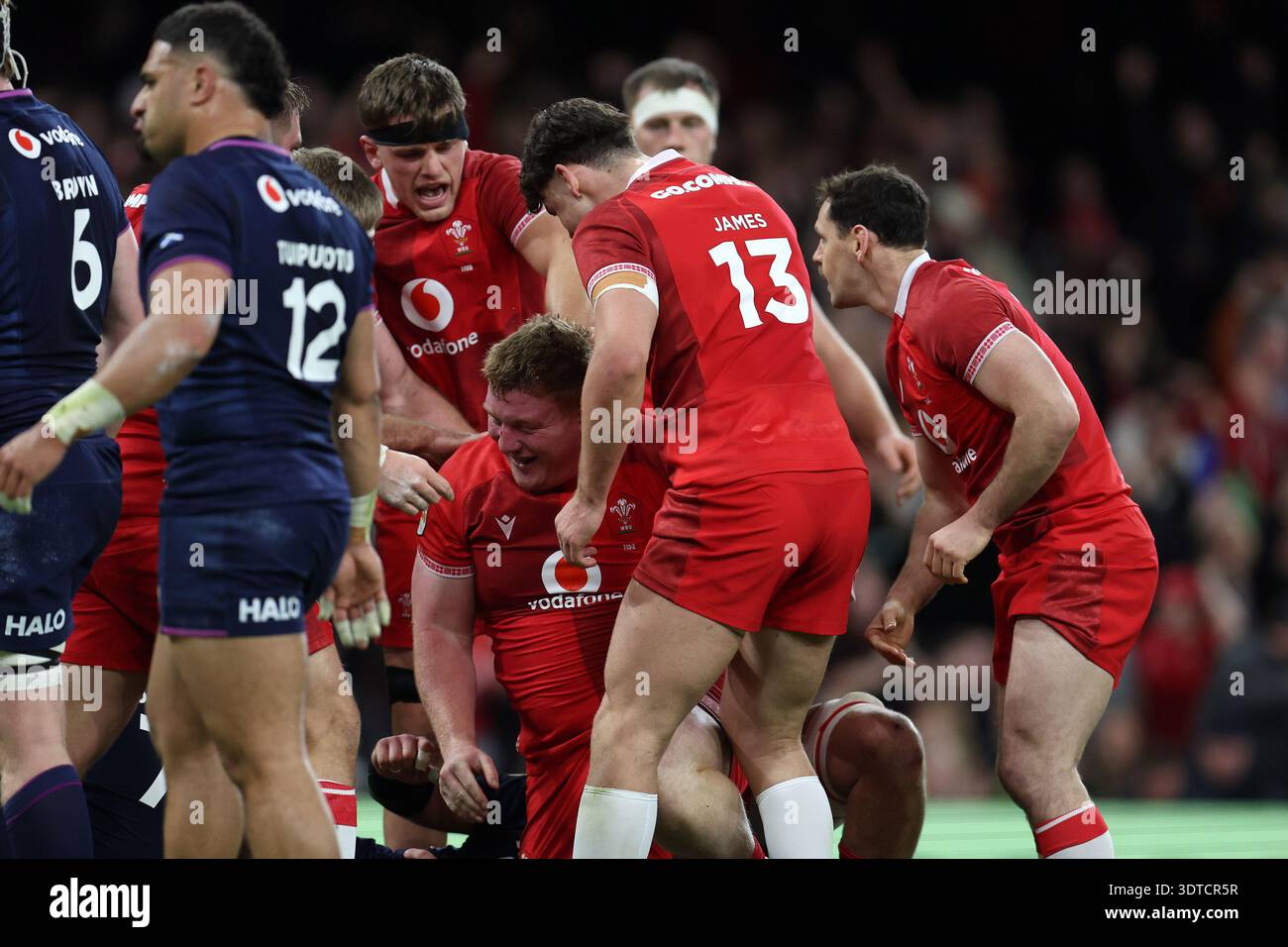 Rhys Carre of Wales (c) celebrates with teammates after he scores his ...