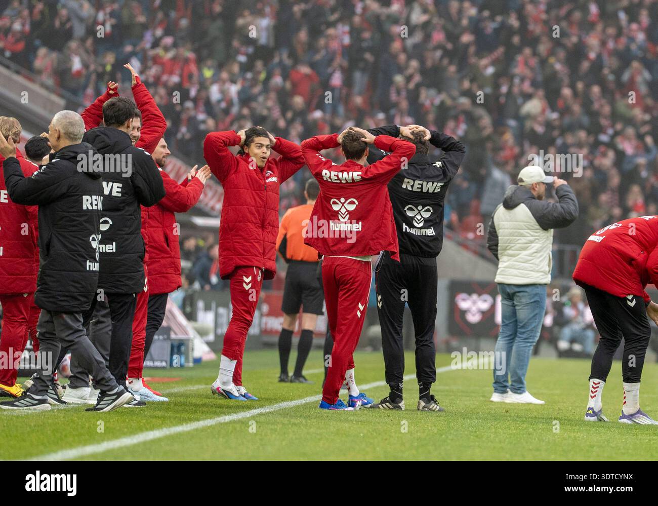 Die Bank jubelt über das Tor von Ragnar Ache (1. FC Koeln, #9) zum 1-0 ...
