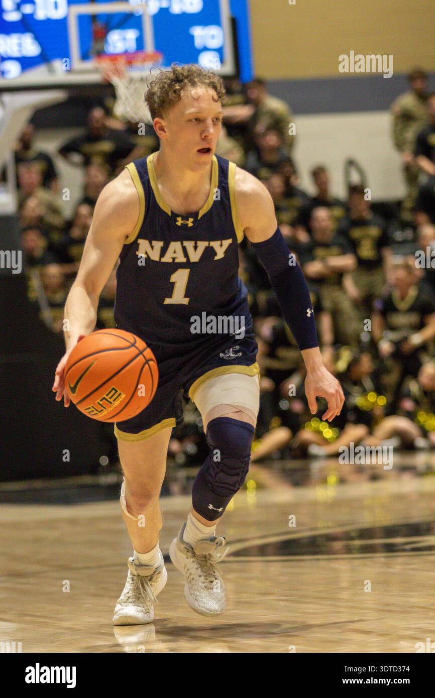 WEST POINT, NY - FEBRUARY 21: Navy Midshipmen guard Austin Benigni (1 ...