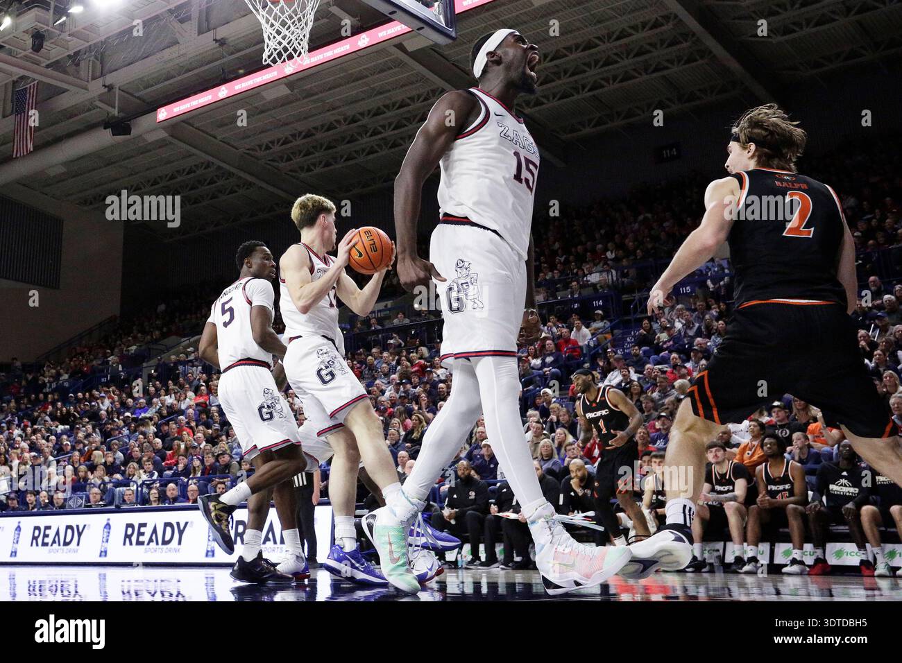 Gonzaga forward Graham Ike (15) celebrates blocking a shot by Pacific ...