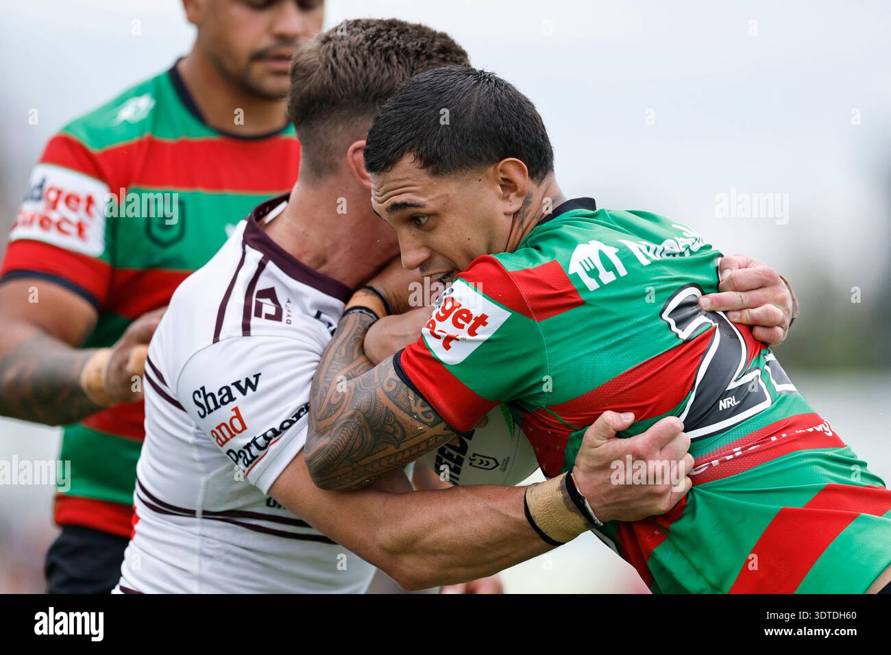 Bayleigh Bentley-Hape of the Rabbitohs is tackled during the NRL Pre ...
