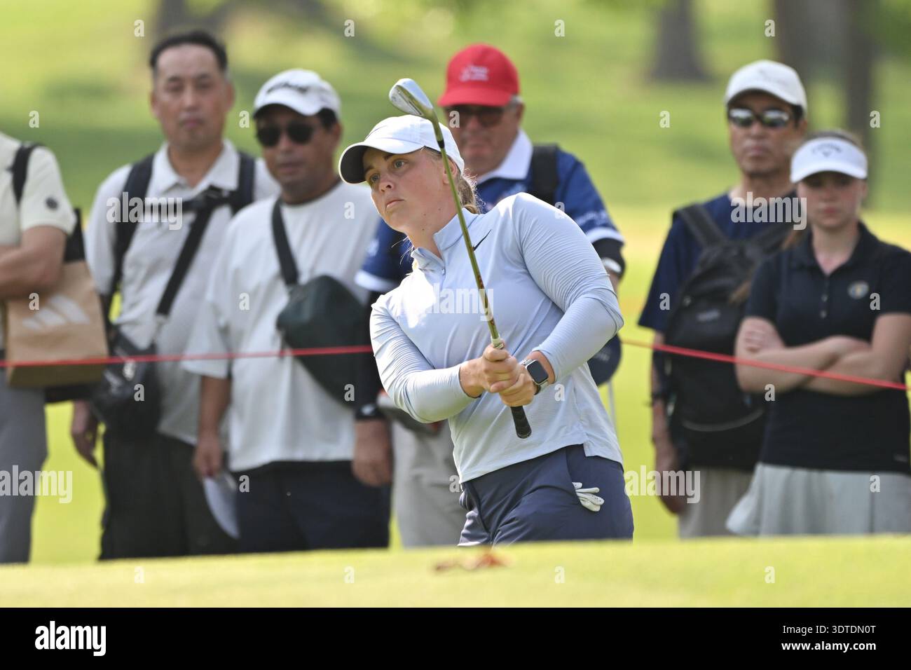 Maja Stark, of Sweden, watches her shot on the 1st green during the ...