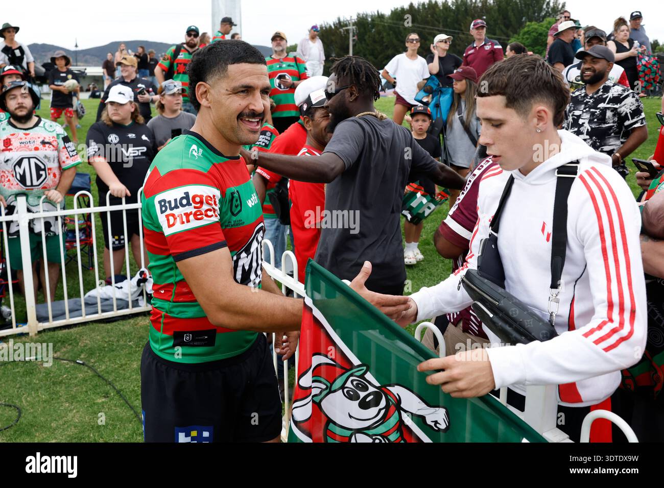 Cody Walker of the Rabbitohs greets fans after a Rabbitohs victory ...
