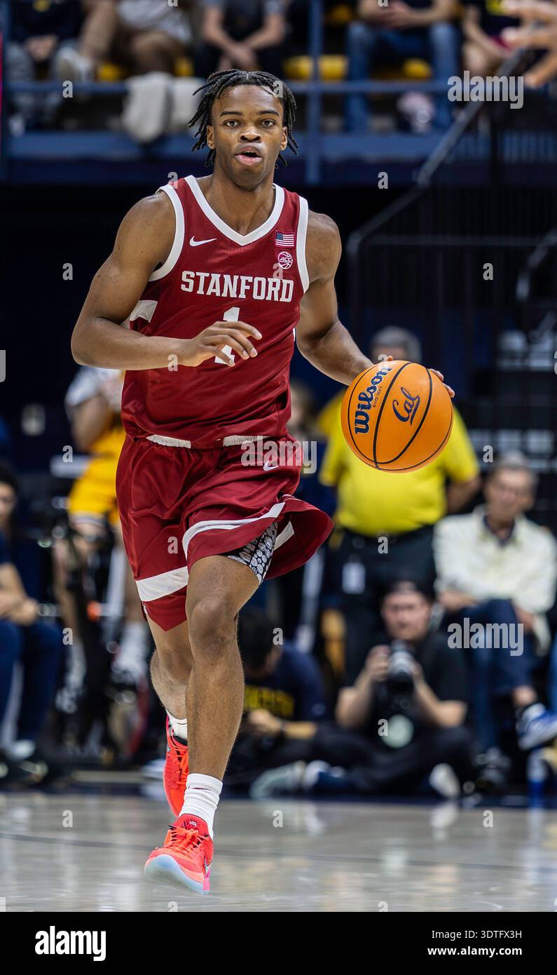 February 21 2026 Stanford guard Ebuka Okorie (1)brings the ball up ...