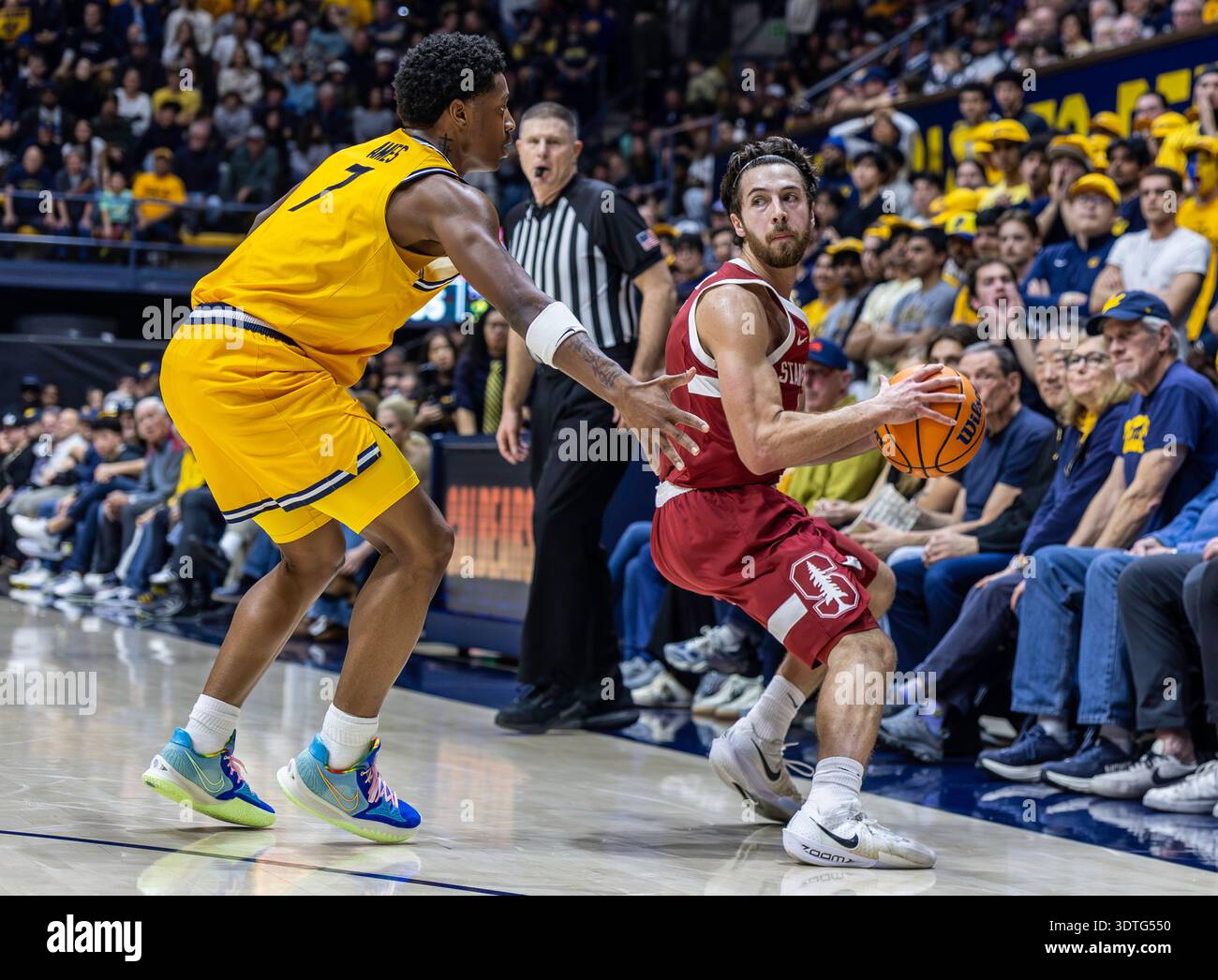 February 21 2026 Stanford guard Benny Gealer (5)looks to pass the ball ...